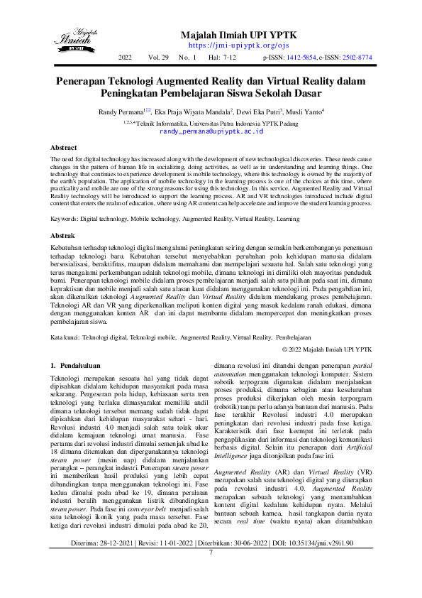 (PDF) Penerapan Teknologi Augmented Reality dan Virtual Reality dalam Peningkatan Pembelajaran ...