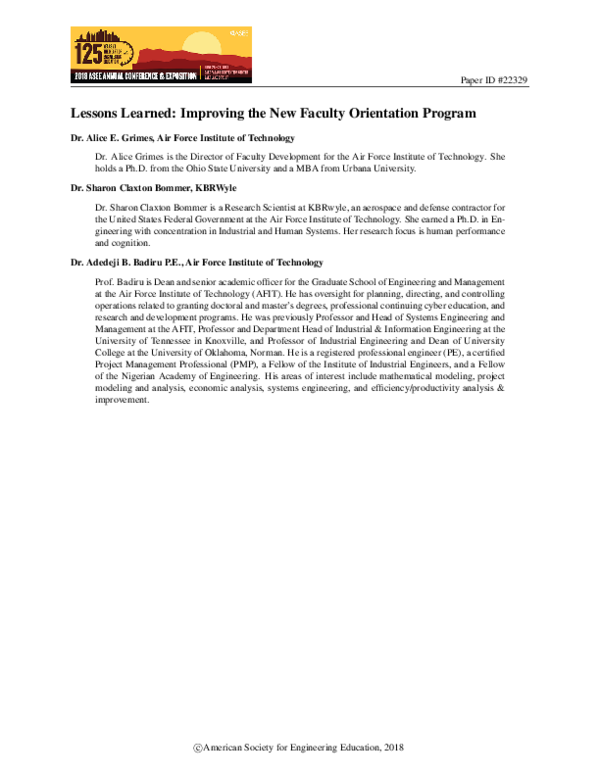 (PDF) Lessons Learned: Improving the New Faculty Orientation Program