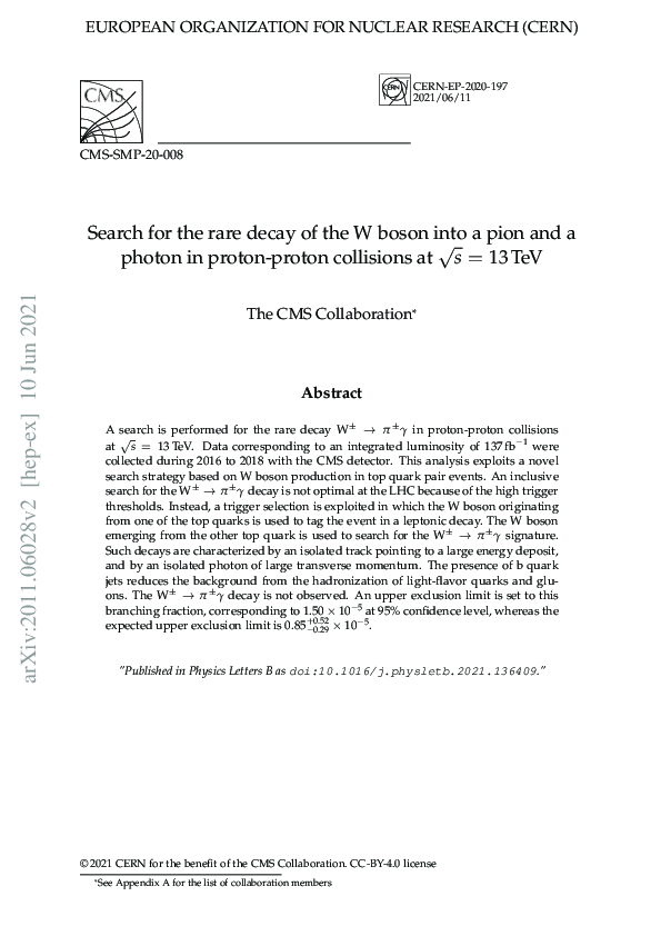 (PDF) Search for the rare decay of the W boson into a pion and a photon ...