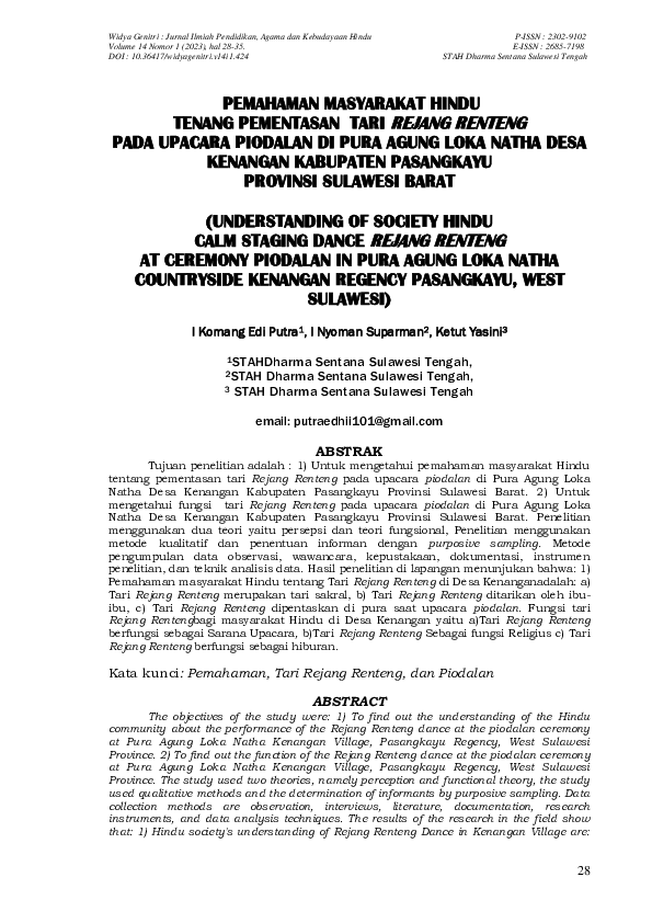 (PDF) Pemahaman Masyarakat Hindu Tentang Pementasan Tari Rejang Renteng Pada Upacara Piodalan DI ...