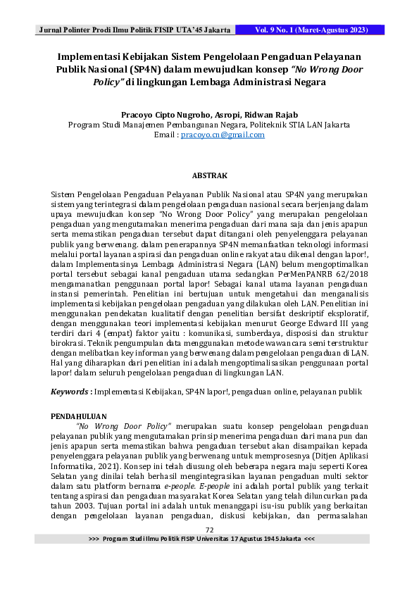 (PDF) Implementasi Kebijakan Sistem Pengelolaan Pengaduan Pelayanan Publik Nasional (SP4N) dalam ...