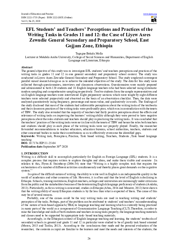 (PDF) EFL Students’ and Teachers’ Perceptions and Practices of the Writing Tasks in Grades 11 ...