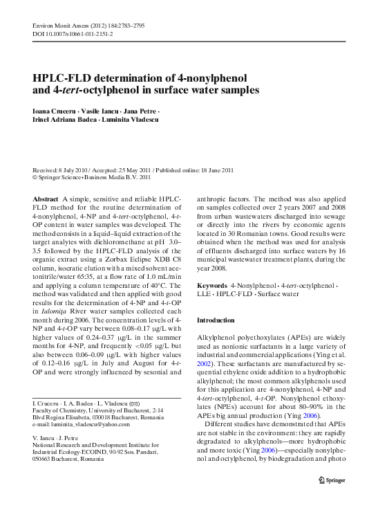 (PDF) HPLC-FLD determination of 4-nonylphenol and 4-tert-octylphenol in ...