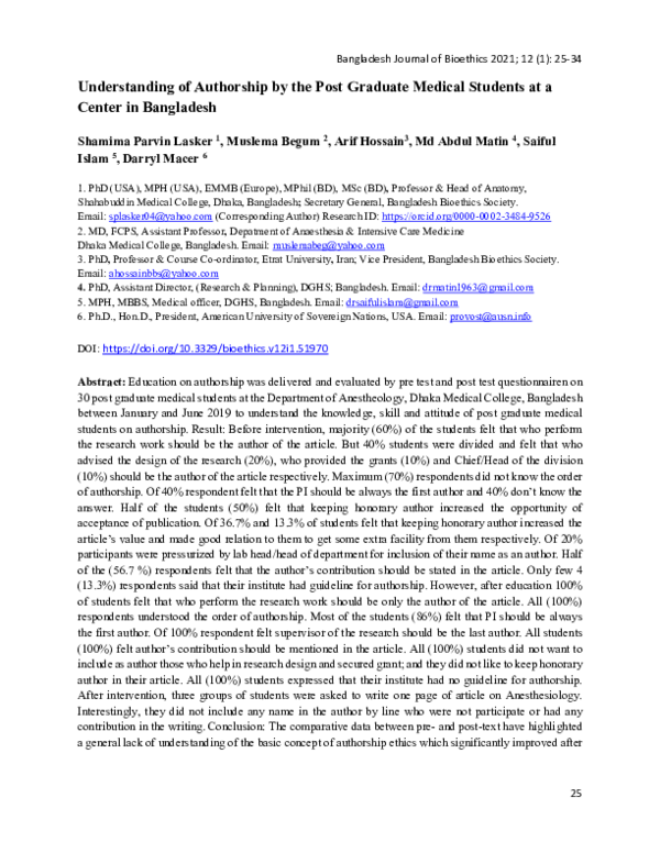 (PDF) Understanding of Authorship by the Post Graduate Medical Students at a Center in Bangladesh