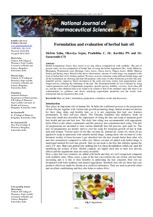 (PDF) Formulation and Evaluation of Herbal hair Oil