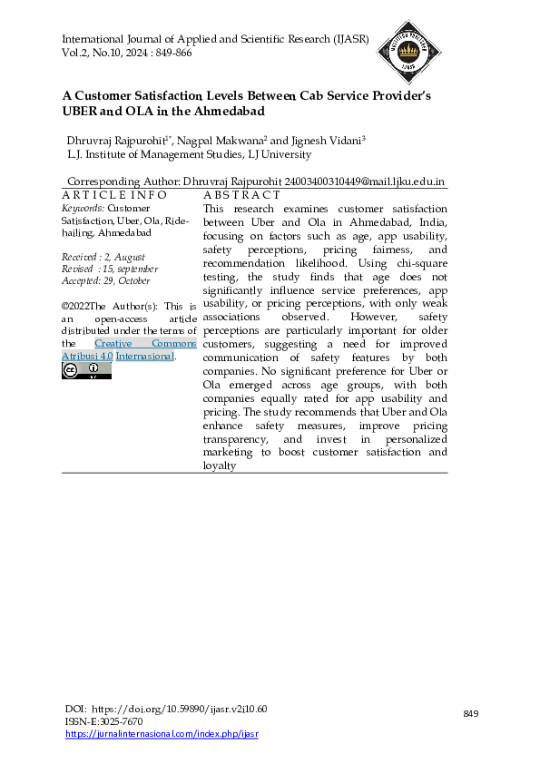 (PDF) A Customer Satisfaction Levels Between Cab Service Provider's ...