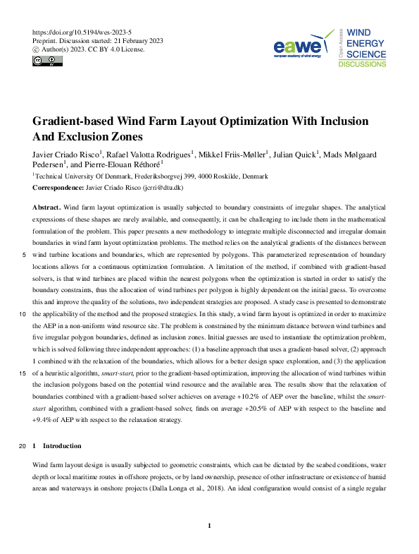 (PDF) Gradient-based Wind Farm Layout Optimization With Inclusion And Exclusion Zones