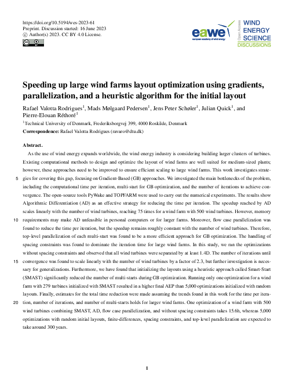 (PDF) Speeding up large wind farms layout optimization using gradients, parallelization, and a ...