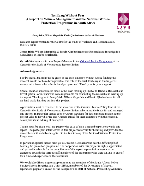 (PDF) Testifying Without Fear: A Report on Witness Management and the ...