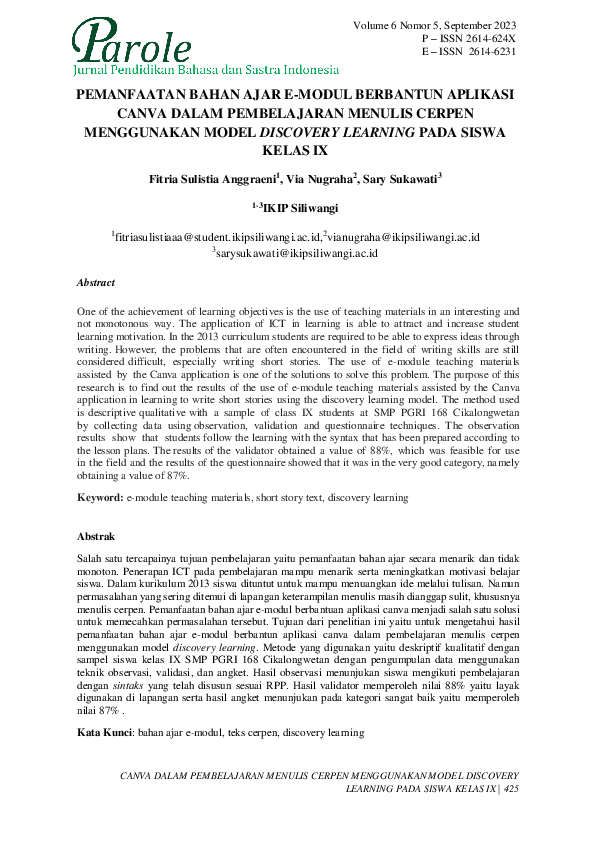 (PDF) Pemanfaatan Bahan Ajar E-Modul Berbantun Aplikasi Canva Dalam Pembelajaran Menulis Cerpen ...