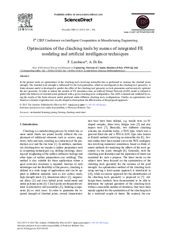 (PDF) Optimization of the Clinching Tools by Means of Integrated FE Modeling and Artificial ...