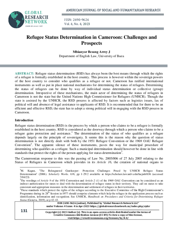 (PDF) Refugee Status Determination in Cameroon: Challenges and Prospects