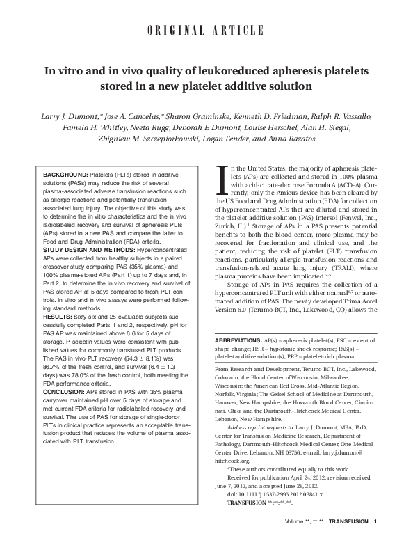 (PDF) In vitro and in vivo quality of leukoreduced apheresis platelets ...