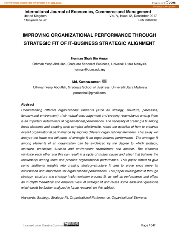 (PDF) Improving organizational performance through strategic fit of it ...