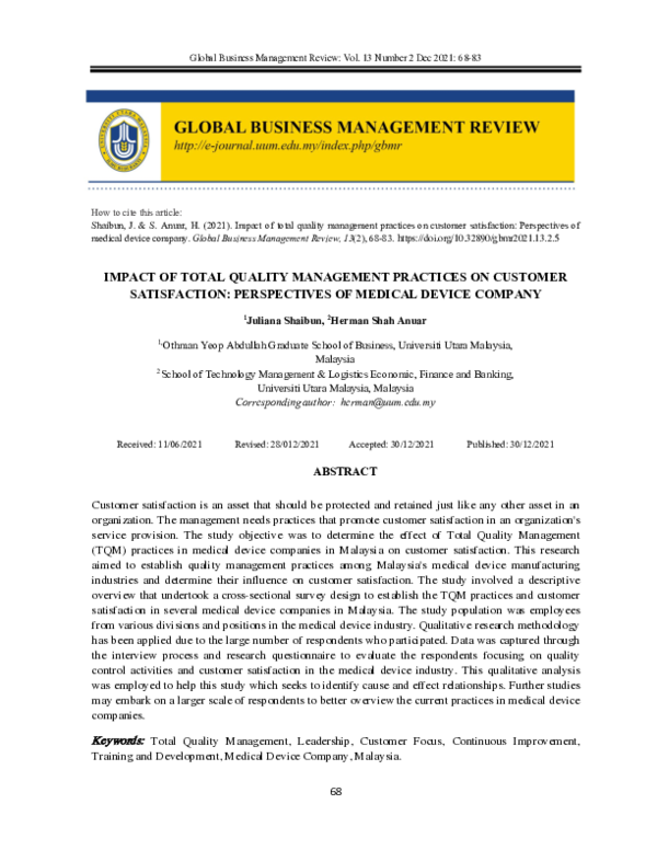 (PDF) Impact of Total Quality Management Practices on Customer Satisfaction: Perspectives of ...