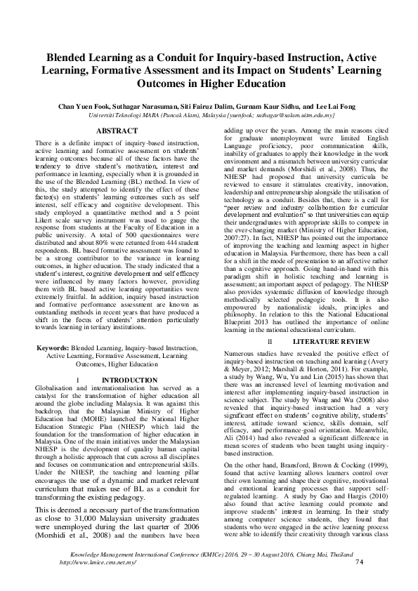 (PDF) Blended learning as a conduit for inquiry-based instruction, active learning, formative ...