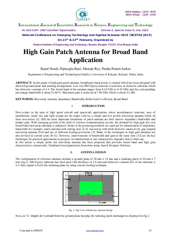 (PDF) High Gain Patch Antenna for Broad Band Application