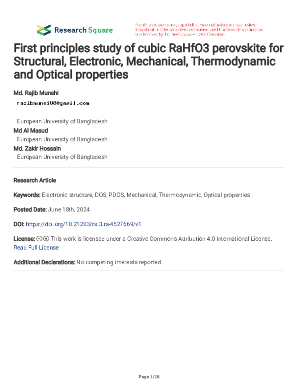 (PDF) First principles study of cubic RaHfO3 perovskite for Structural, Electronic, Mechanical ...