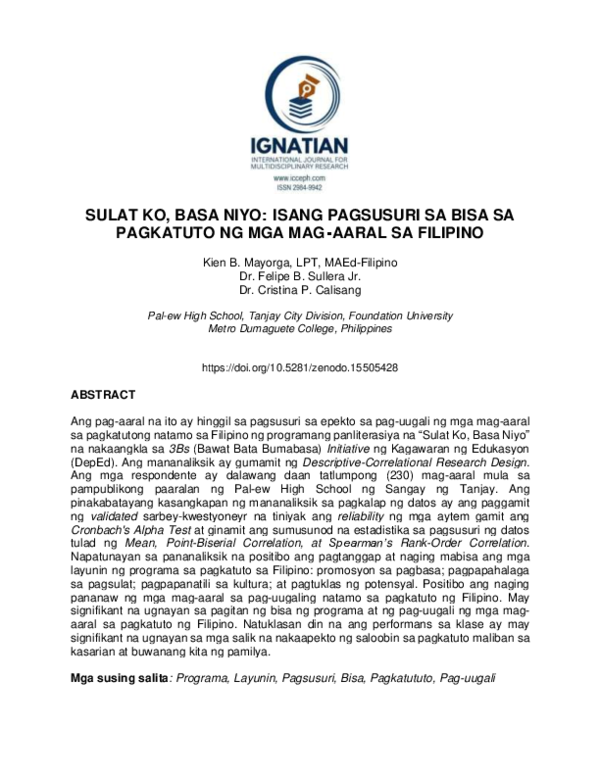 (PDF) SULAT KO, BASA NIYO ISANG PAGSUSURI SA BISA SA PAGKATUTO NG MGA ...