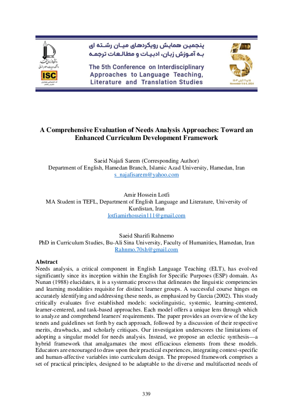 (PDF) A Comprehensive Evaluation of Needs Analysis Approaches: Toward an Enhanced Curriculum ...