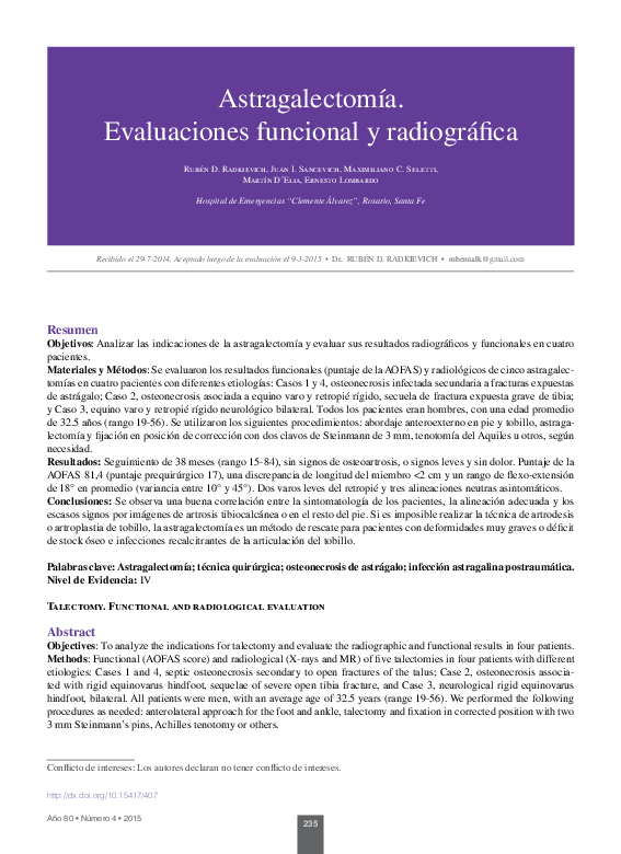 (PDF) Astragalectomía. Evaluación funcional y radiográfica. Reporte de ...