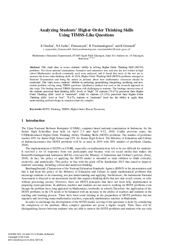 (PDF) Analyzing Students’ Higher Order Thinking Skills Using TIMSS-Like ...