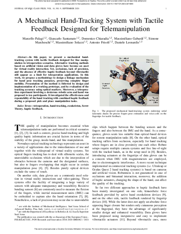 (PDF) A Mechanical Hand-Tracking System with Tactile Feedback Designed for Telemanipulation