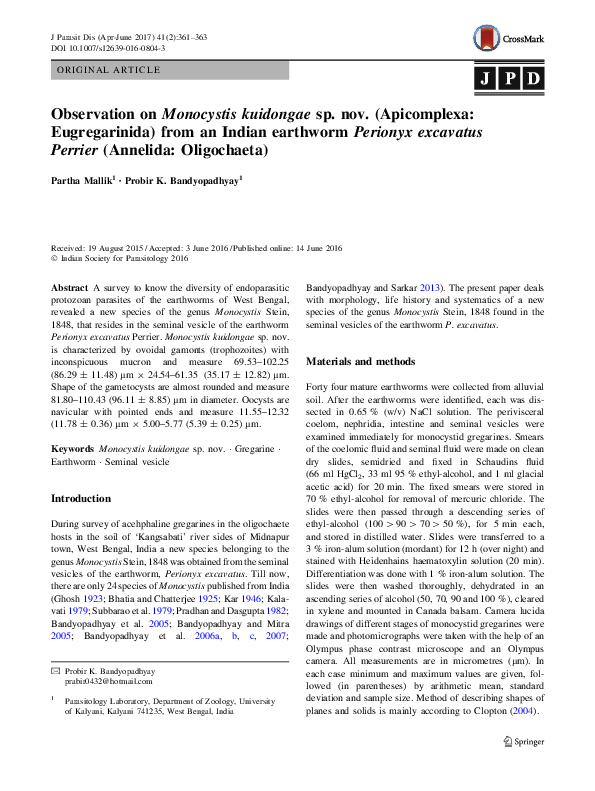 (PDF) Observation on Monocystis kuidongae sp. nov. (Apicomplexa ...