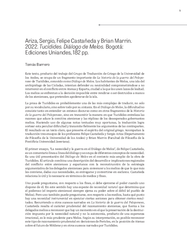 (PDF) Ariza, Sergio, Felipe Castañeda y Brian Marrin. 2022. Tucídides. Diálogo de Melos. Bogotá ...