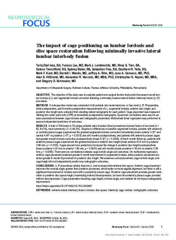 (PDF) The impact of cage positioning on lumbar lordosis and disc space ...