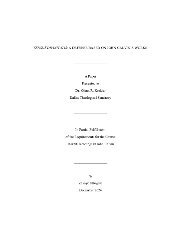 (PDF) Sensus Divinitatis - A Defense Based on John Calvin's Works