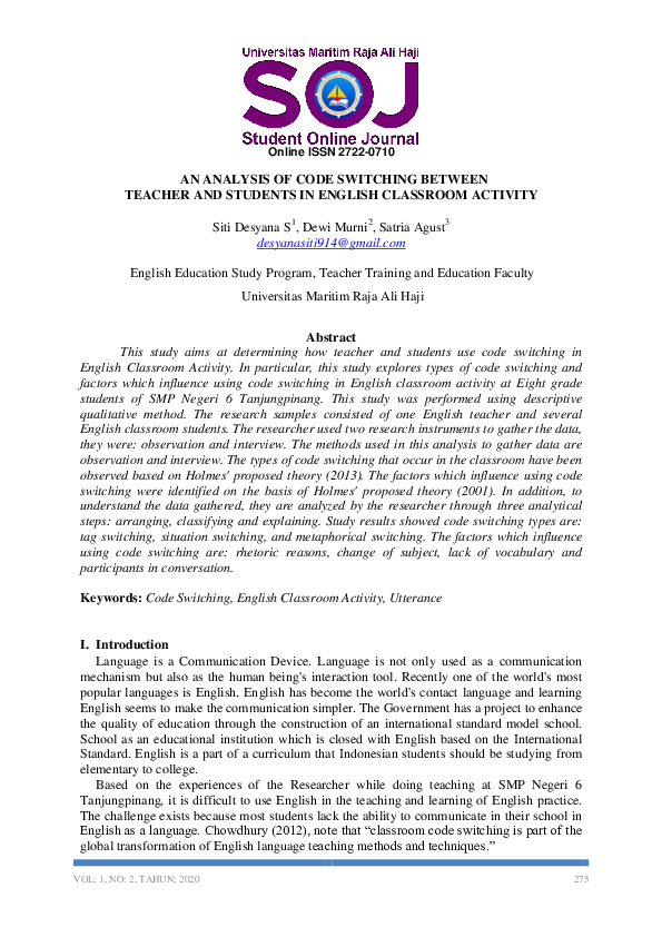 (PDF) An Analysis of Code Switching Between Teacher and Students in English Classroom Activity