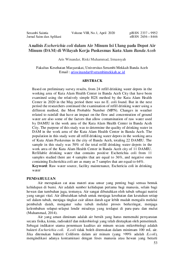 (PDF) Analisis Escherichia coli dalam Air Minum Isi Ulang pada Depot ...