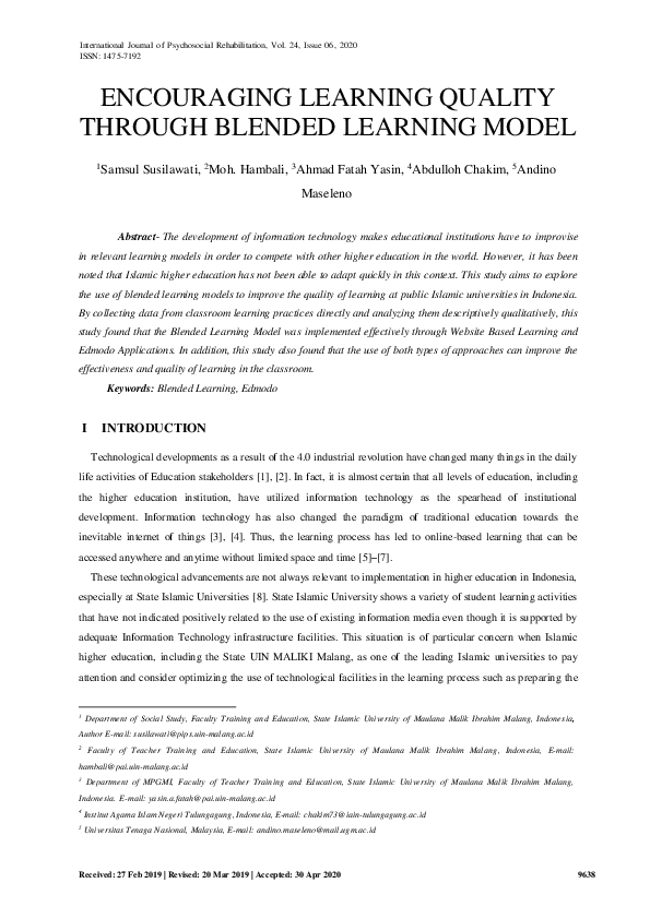 (PDF) Encouraging learning quality through blended learning model
