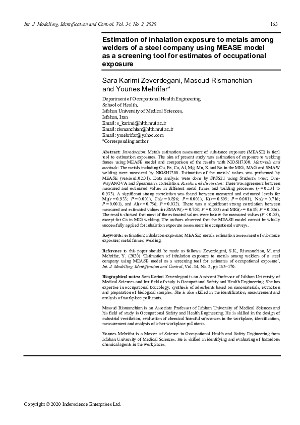 (PDF) Estimation of inhalation exposure to metals among welders of a ...