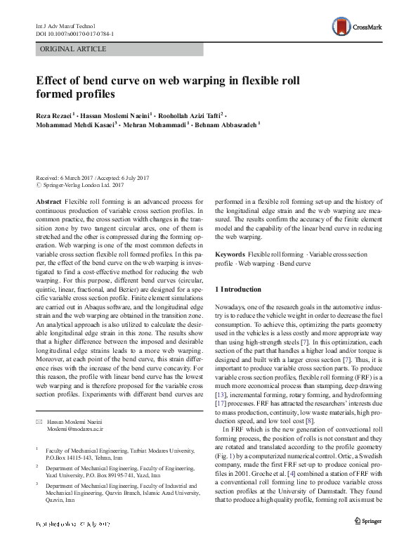 (PDF) Effect of bend curve on web warping in flexible roll formed profiles