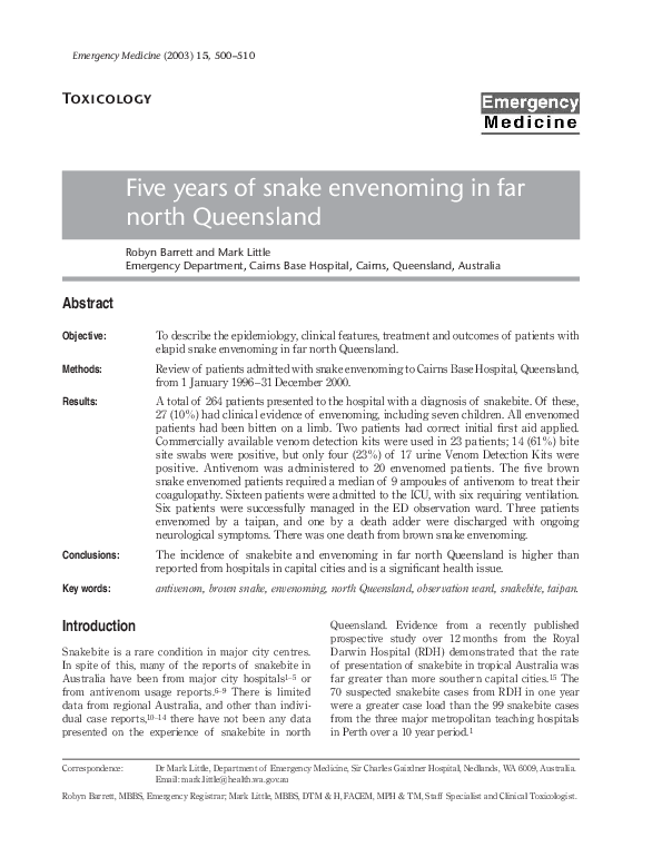 (PDF) Five years of snake envenoming in far north Queensland