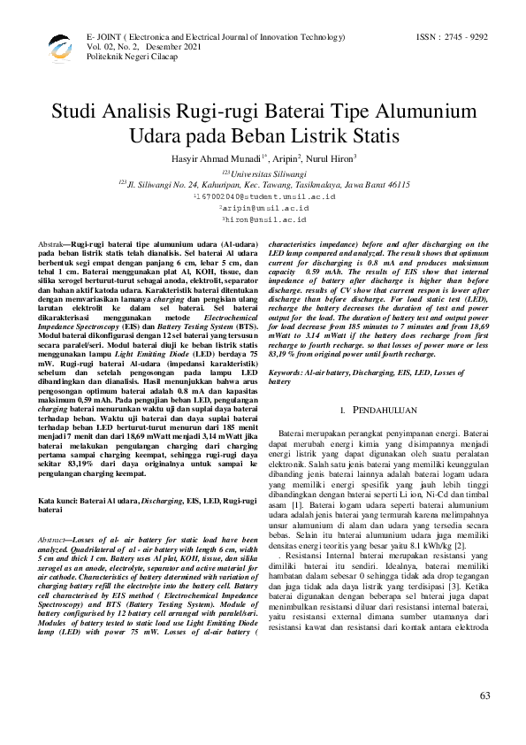 (PDF) Studi Analisis Rugi-rugi Baterai Tipe Alumunium Udara pada Beban ...