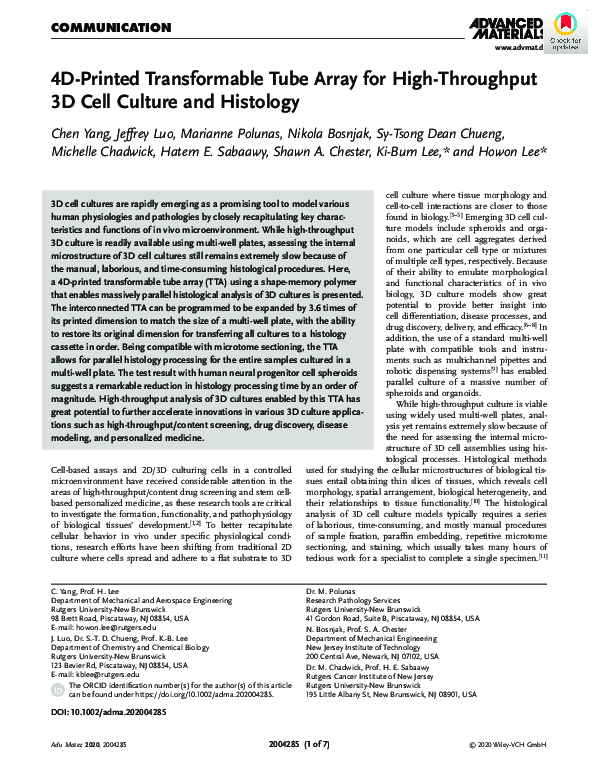 (PDF) 4D‐Printed Transformable Tube Array for High‐Throughput 3D Cell ...