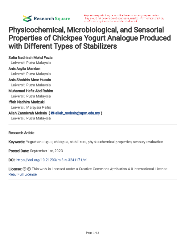 (PDF) Physicochemical, Microbiological, and Sensorial Properties of Chickpea Yogurt Analogue ...