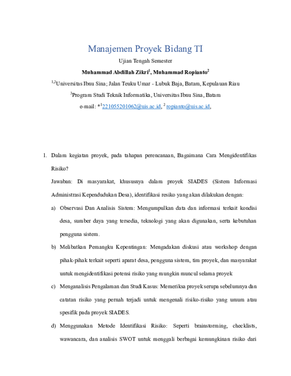 (PDF) Manajemen Proyek Bidang TI Ujian Tengah Semester