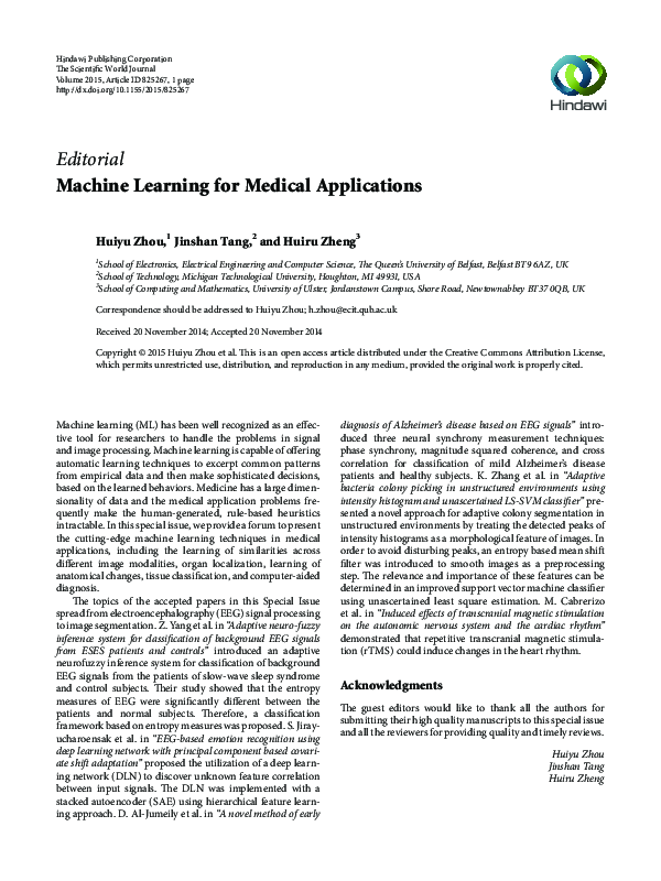 (PDF) Machine Learning for Medical Applications