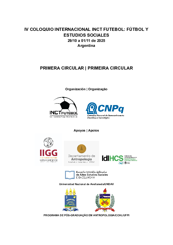 (PDF) IV Coloquio Internacional INCT Futebol: Fútbol y Estudios Sociales