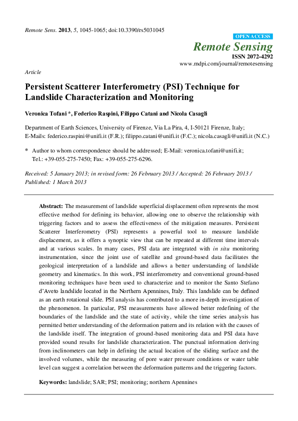 (PDF) Persistent Scatterer Interferometry (PSI) Technique for Landslide ...