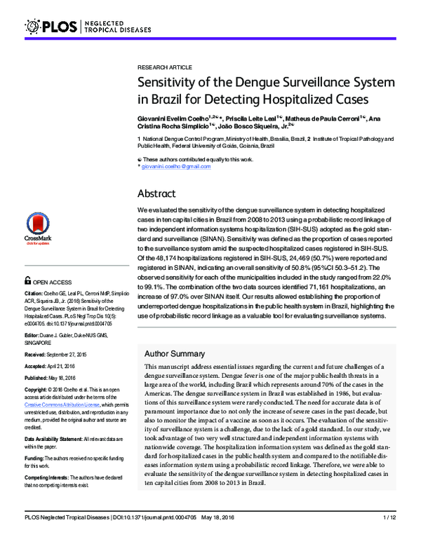(PDF) Sensitivity of the Dengue Surveillance System in Brazil for ...