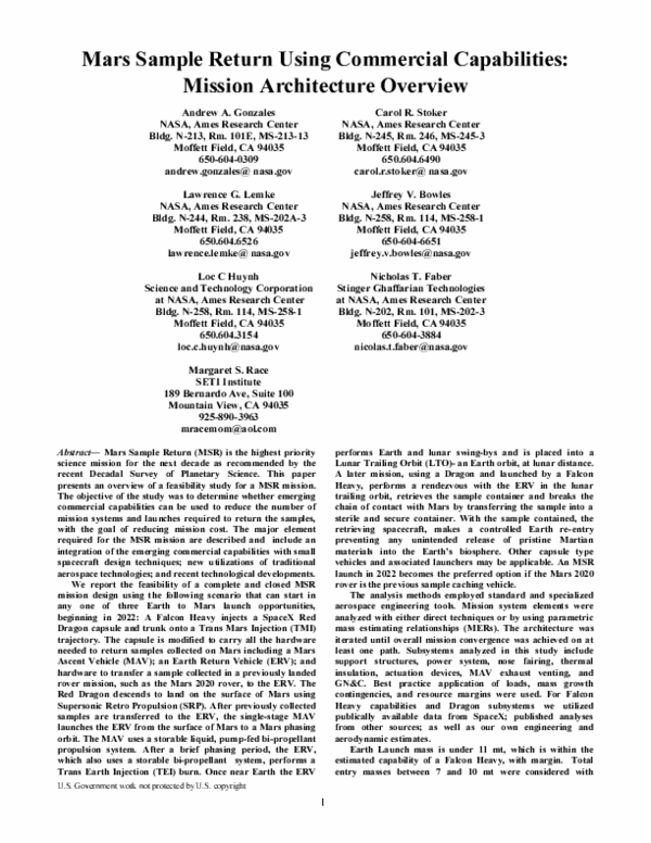 (PDF) Mars Sample Return using commercial capabilities: Mission architecture overview