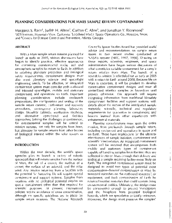 (PDF) Planning Considerations for Mars Sample Return Containment