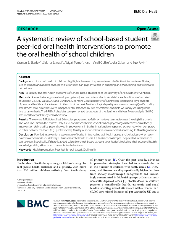 (PDF) A systematic review of school-based student peer-led oral health interventions to promote ...