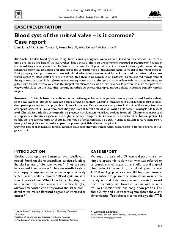 (PDF) Blood cyst of the mitral valve – is it common? Case report
