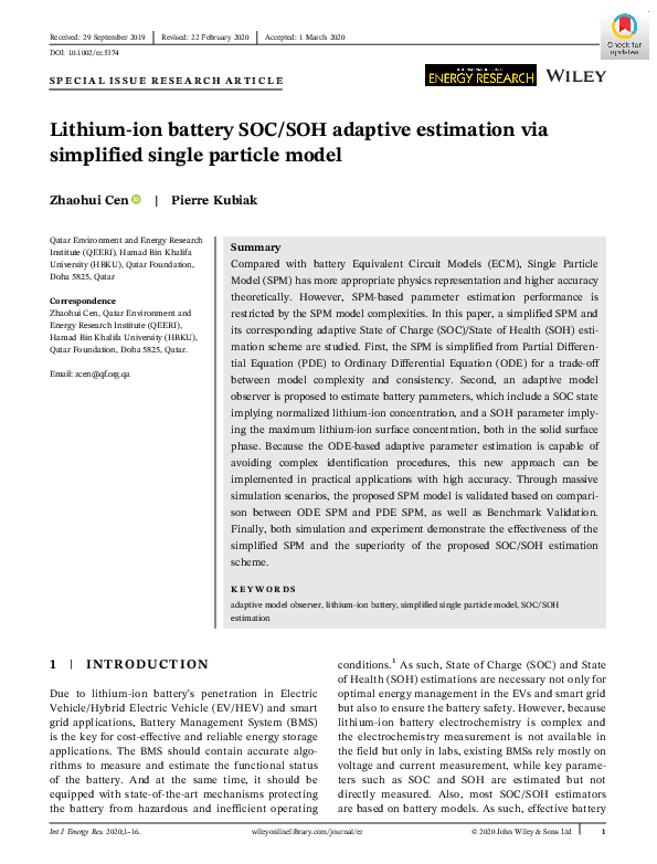 (PDF) Lithium‐ionbatterySOC/SOHadaptive estimation via simplified single particle model